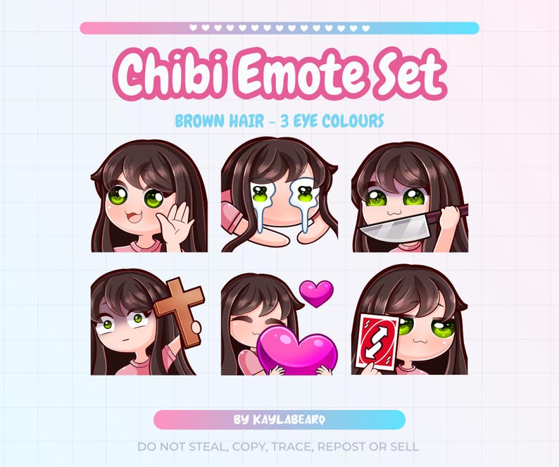 6 Chibi Streamer Brown Hair Emote Set Cute/kawaii Twitch Emote Set ...