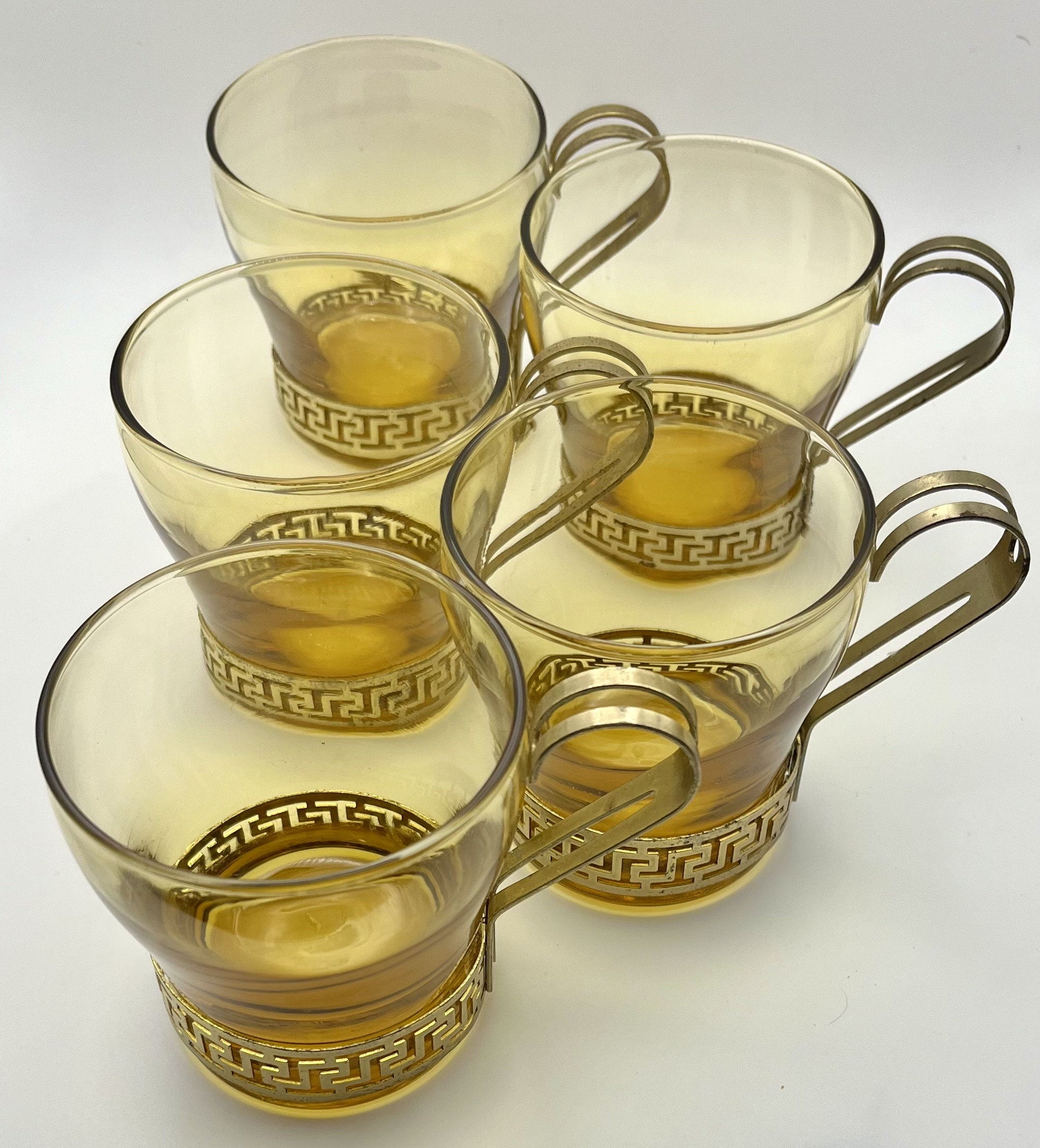 5 Vintage Amber Glass Cups, Greek Key Metal Holder, Libbey Glass Co ...
