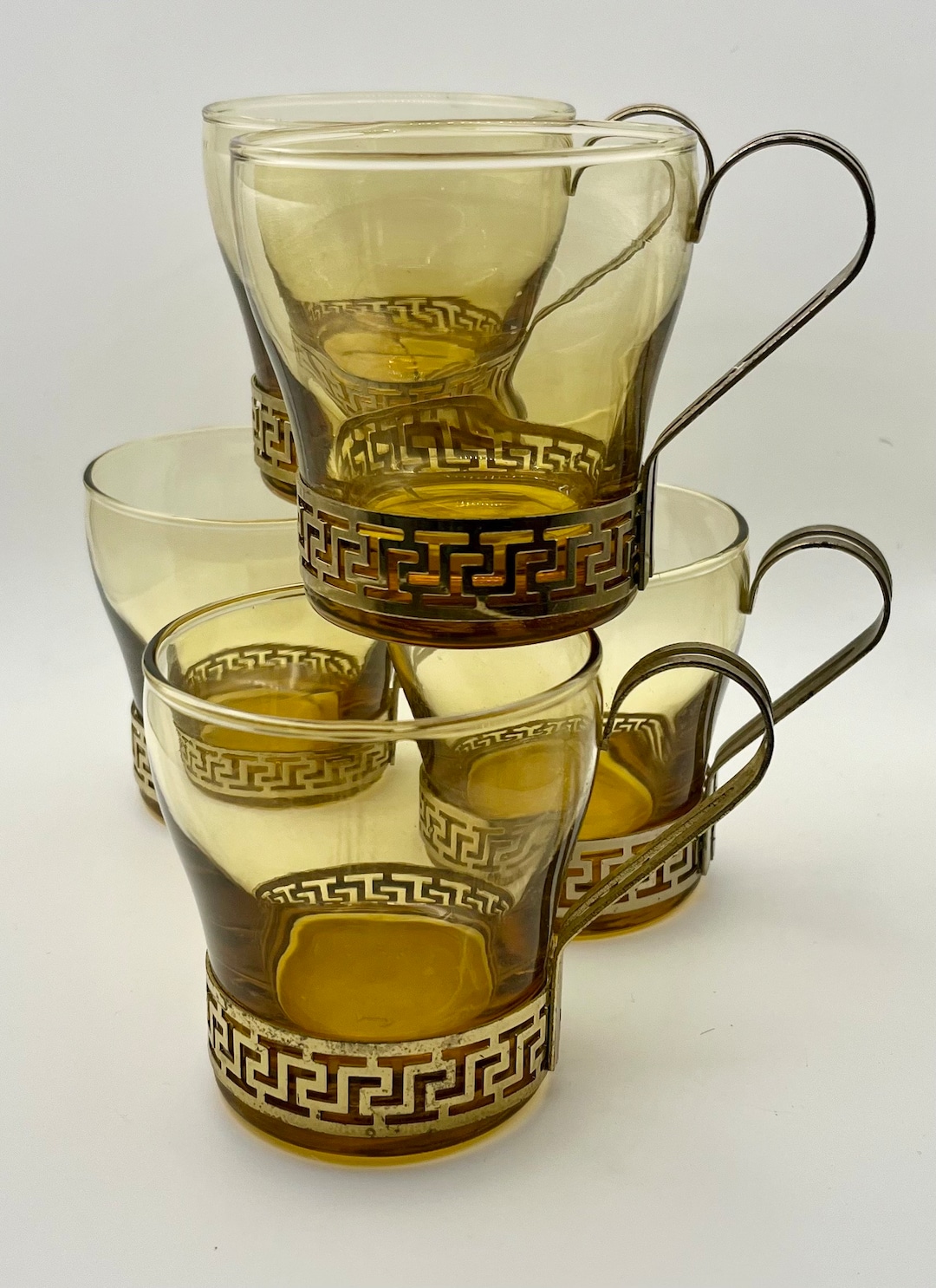 5 Vintage Amber Glass Cups, Greek Key Metal Holder, Libbey Glass Co ...