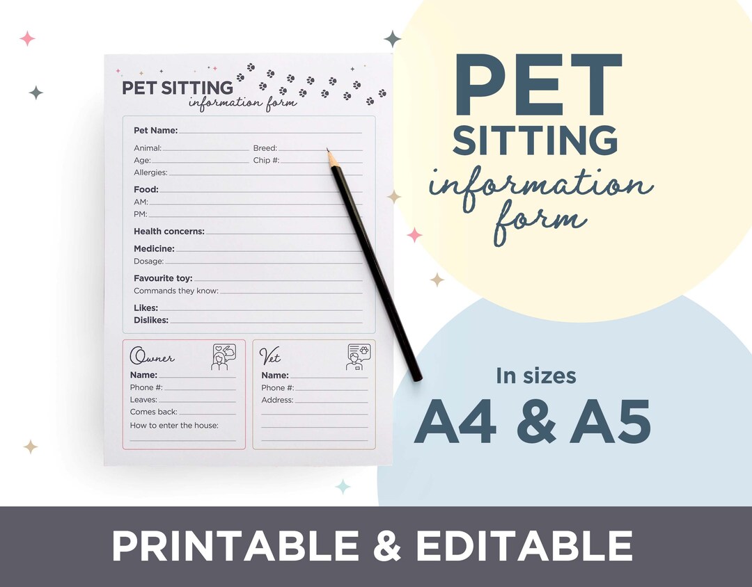 Pet Sitting Form (A4 and A5 - to Print and A4 Editable) - Etsy
