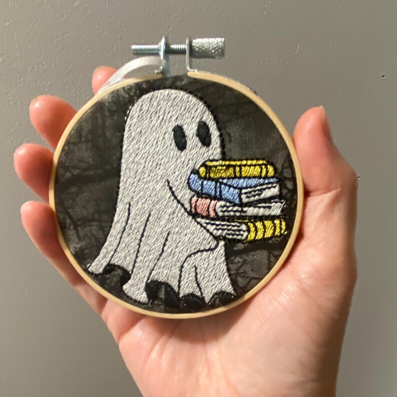 Halloween Wall Art Library Ghost/embroidered Ghost With Stack of Books ...