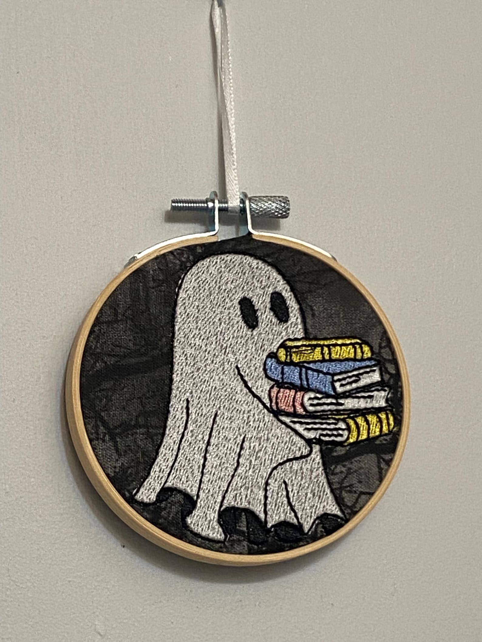 Halloween Wall Art Library Ghost/embroidered Ghost With Stack of Books ...