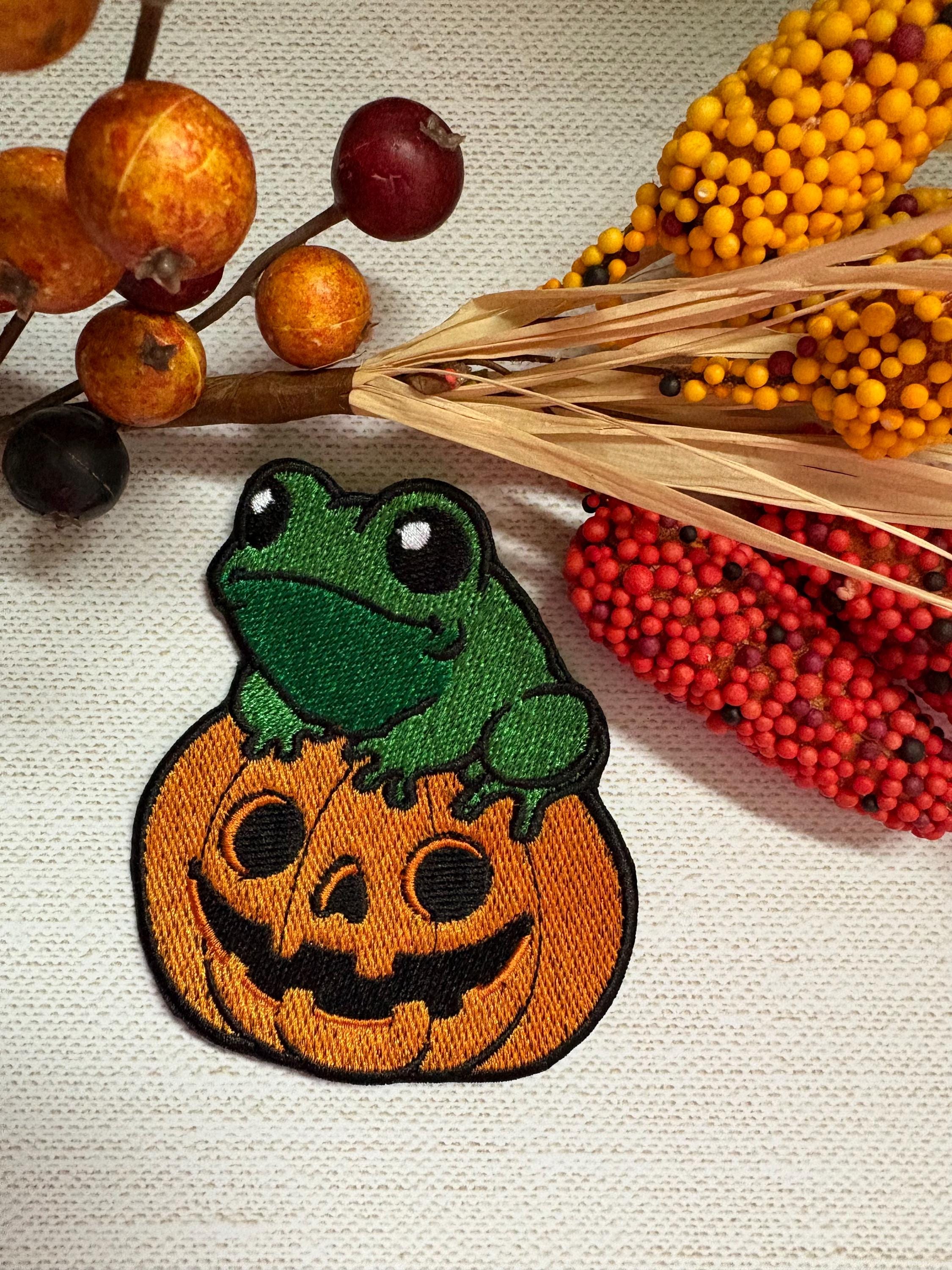 Embroidered Frog Patch: Toad on Pumpkin, Cottagecore Halloween Decor - Etsy