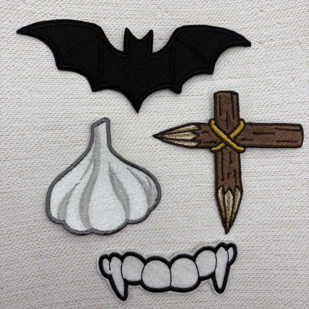 Dracula Patch Set, Includes Vampire Fangs, Garlic, Bat, Wooden Stakes ...