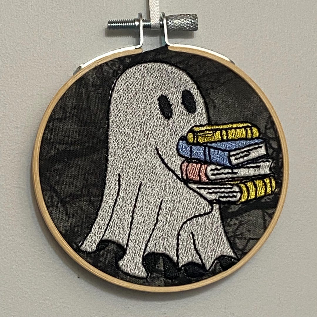 Halloween Wall Art Library Ghost/embroidered Ghost With Stack of Books ...