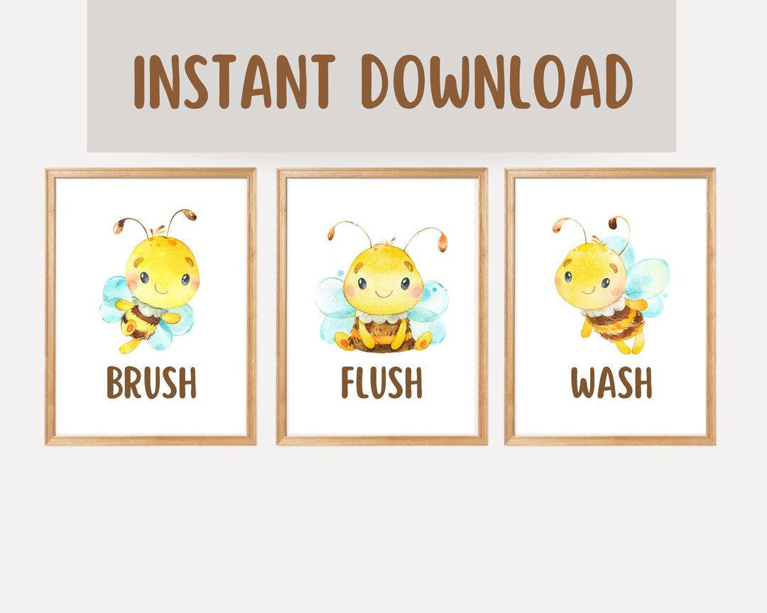 Bee Bathroom Prints Digital, Honey Bee Wall Decor, Brush Wash Flush ...