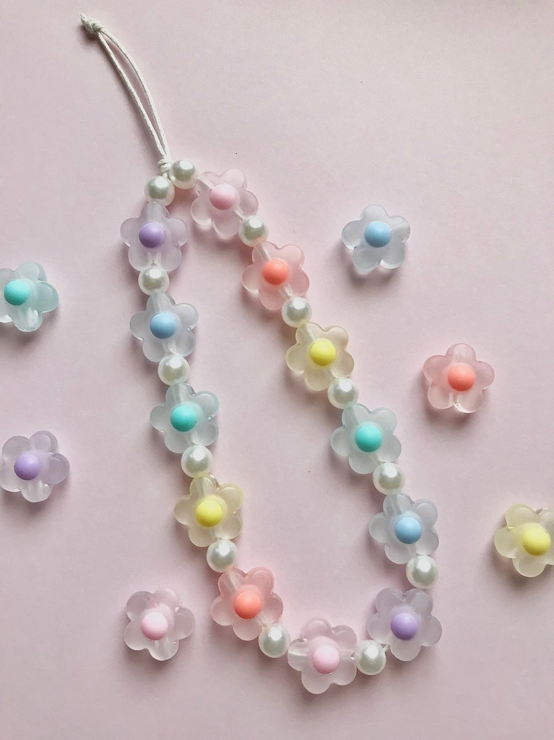 Handmade Phone Charm Strap | Flower Heart Beads | Pearl Beads | Rainbow ...
