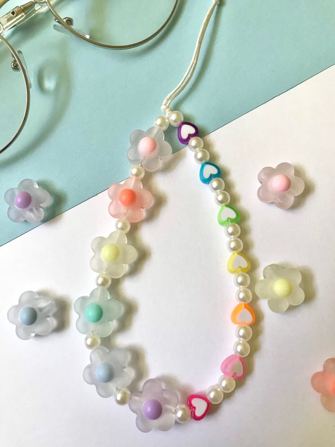Handmade Phone Charm Strap | Flower Heart Beads | Pearl Beads | Rainbow ...