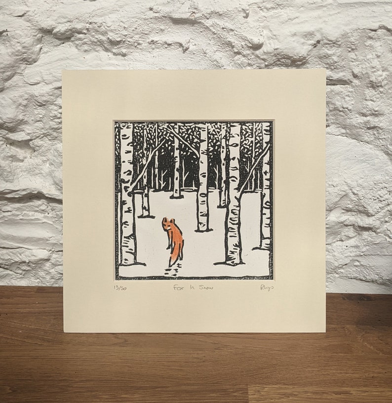 Fox in Snow Original Lino Print Limited Edition in Black With ...