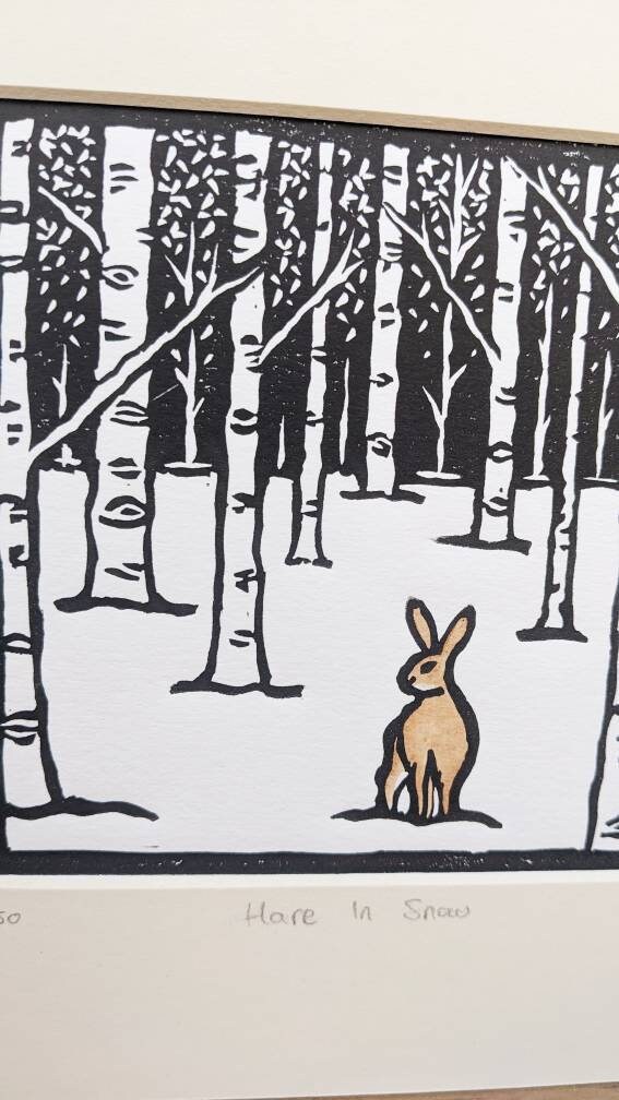 Hare in Snow Original Lino Print Limited Edition in Black With ...