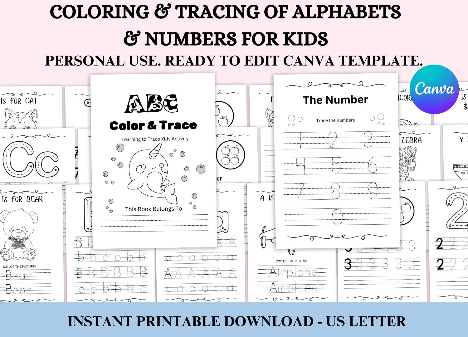 Alphabet Number Tracing Coloring Set, Educational Preschool Learning ...