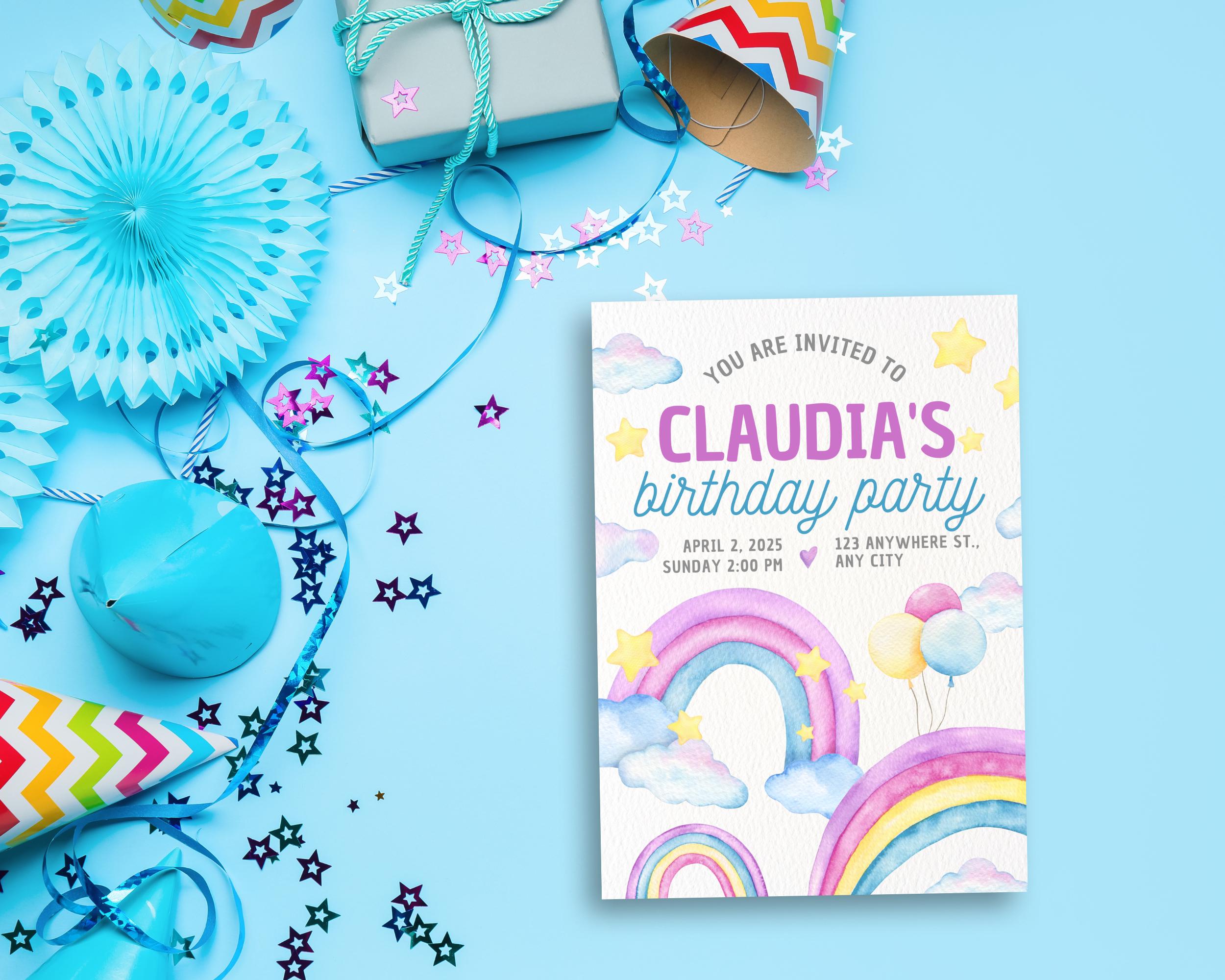 Rainbow Watercolor Birthday Invitation, Colorful Party Invite ...