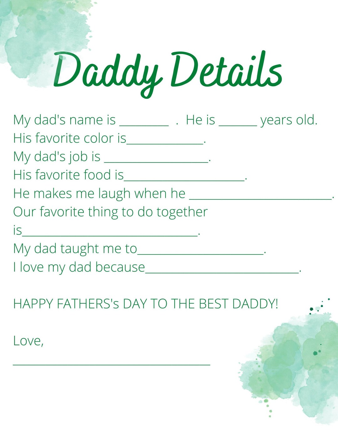 Fill in the Blank Father's Day Card, DIY Father's Day Gift or Activity ...