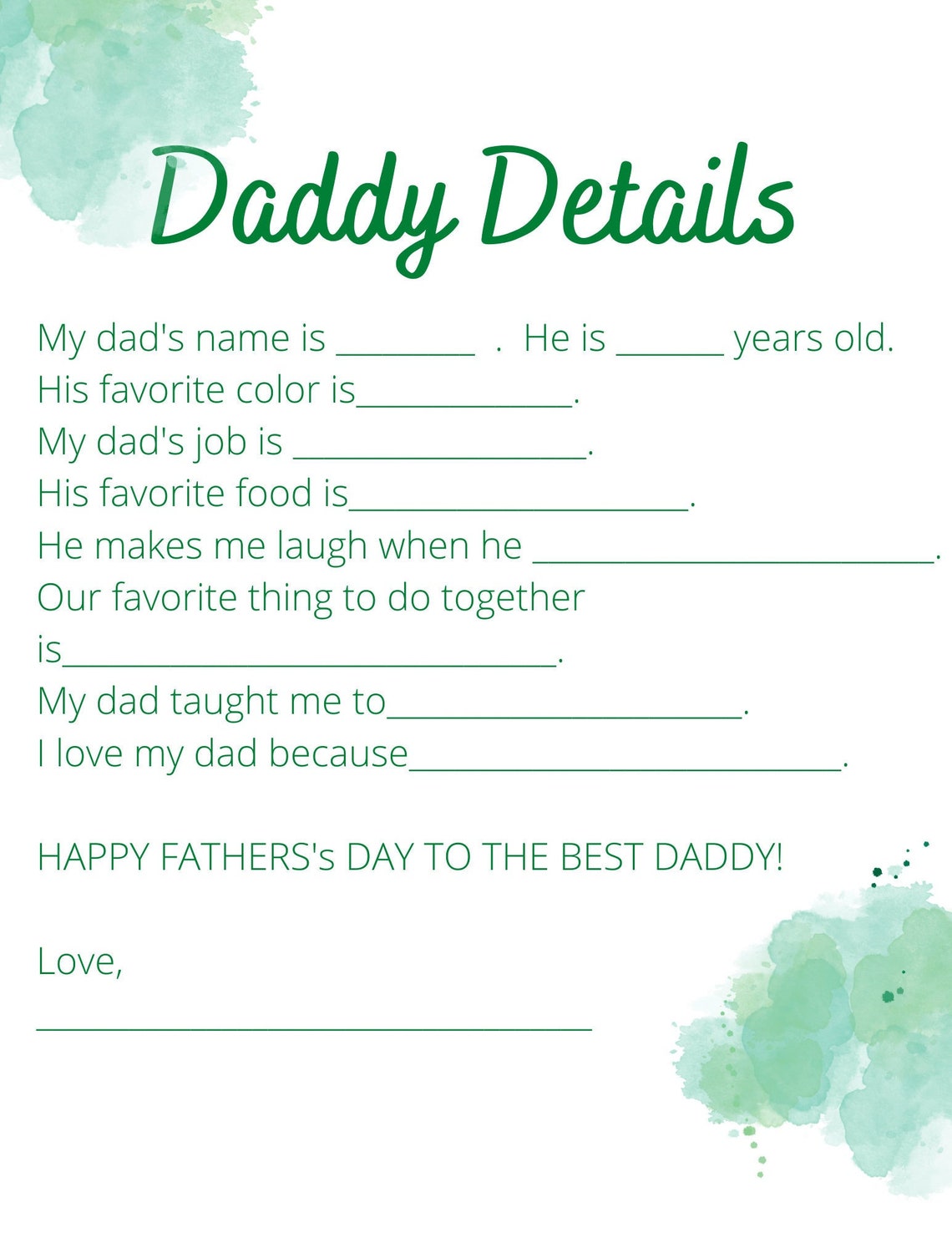 Fill in the Blank Father's Day Card, DIY Father's Day Gift or Activity ...