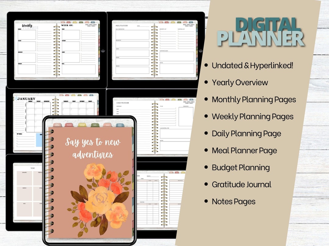 Undated Digital Planner Floral Digital Planner Hyperlinked Planner ...