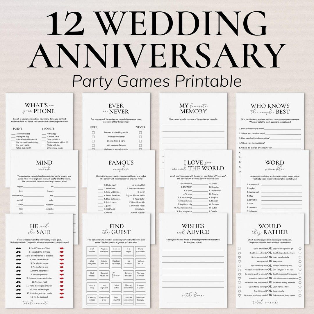 Anniversary Party Games Printable Wedding Anniversary Games Bundle ...
