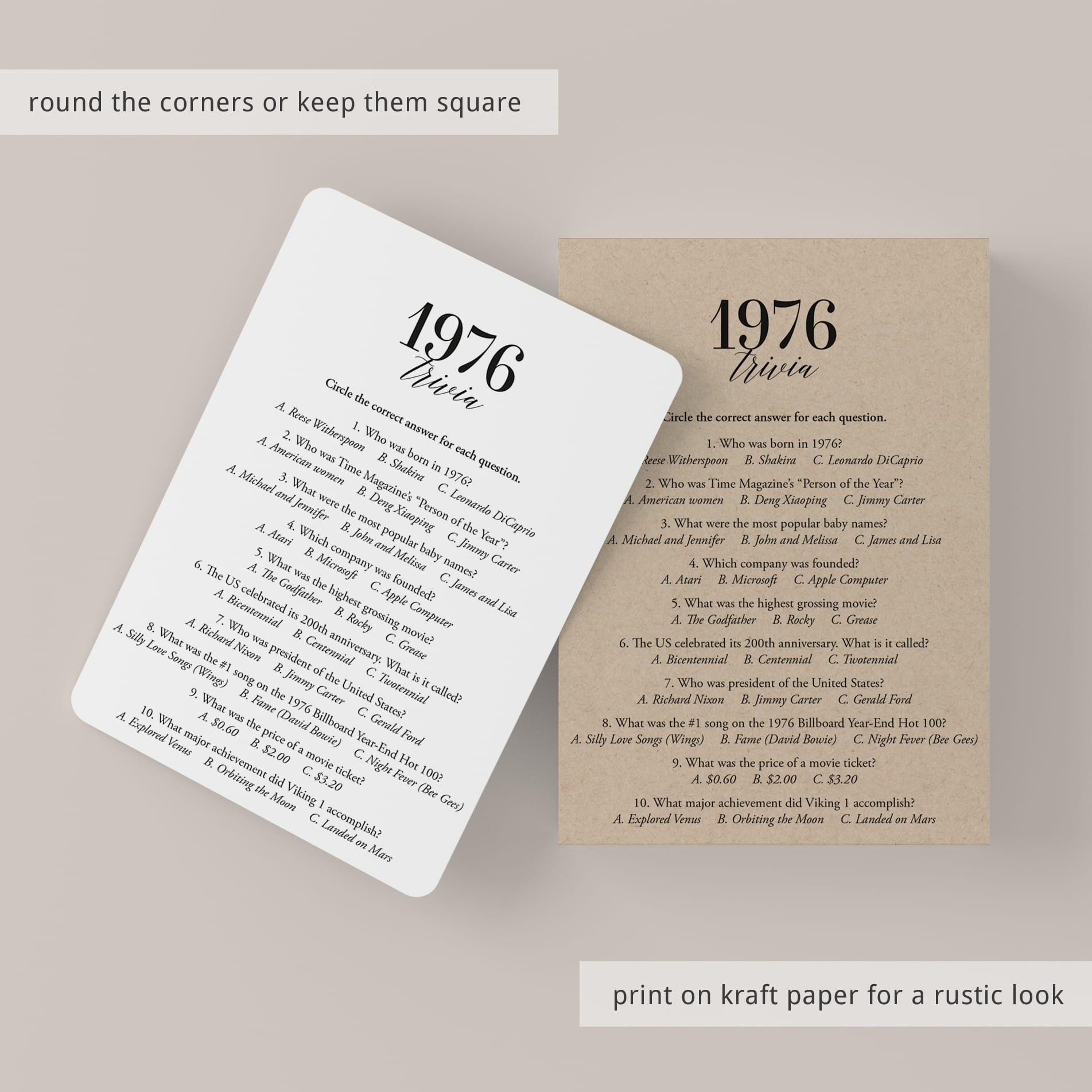 1976 Trivia Printable 50th Birthday Party 1976 Games Back in 1976 Party ...