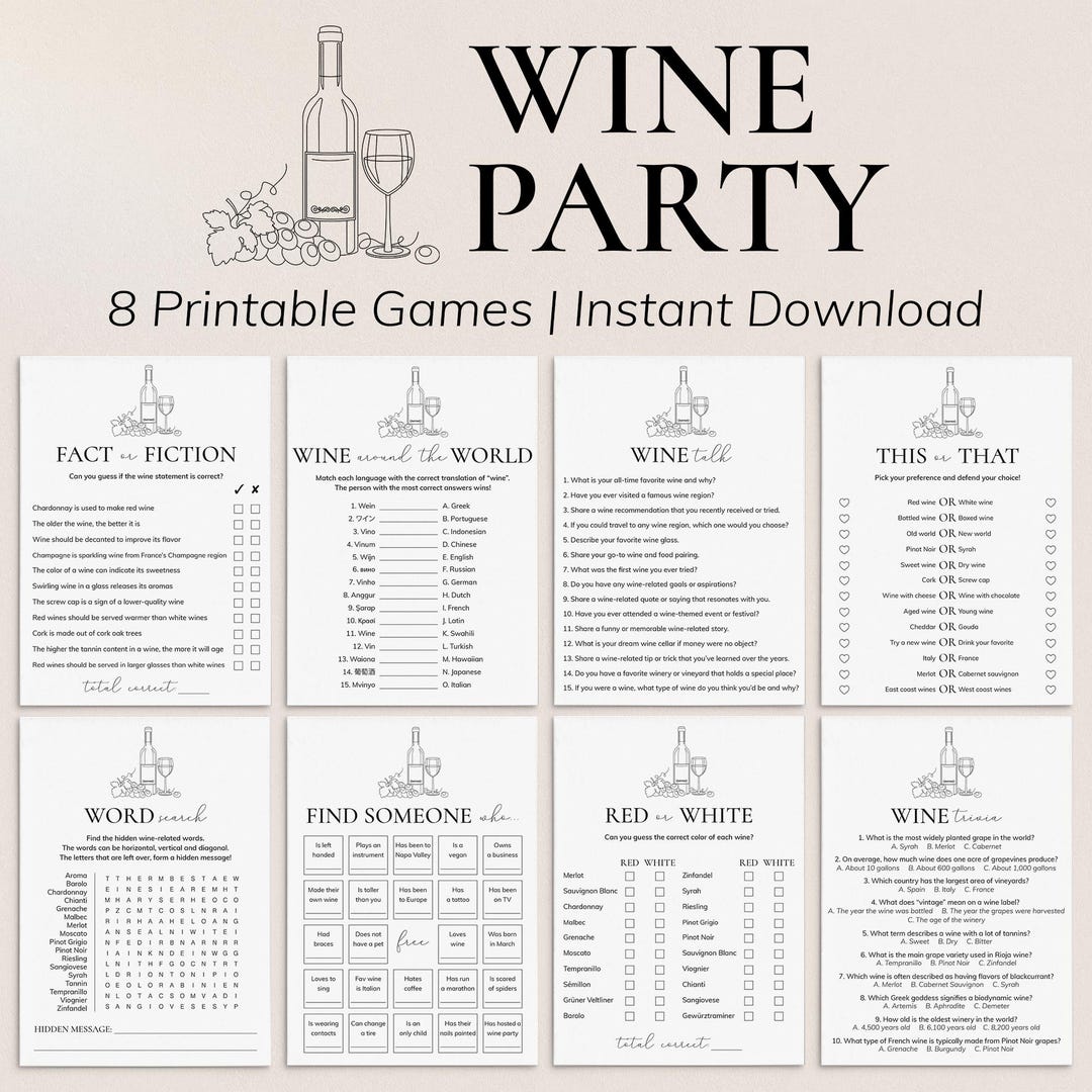 Wine Games Bundle Printable Wine Tasting Party Games Minimalist Wine ...