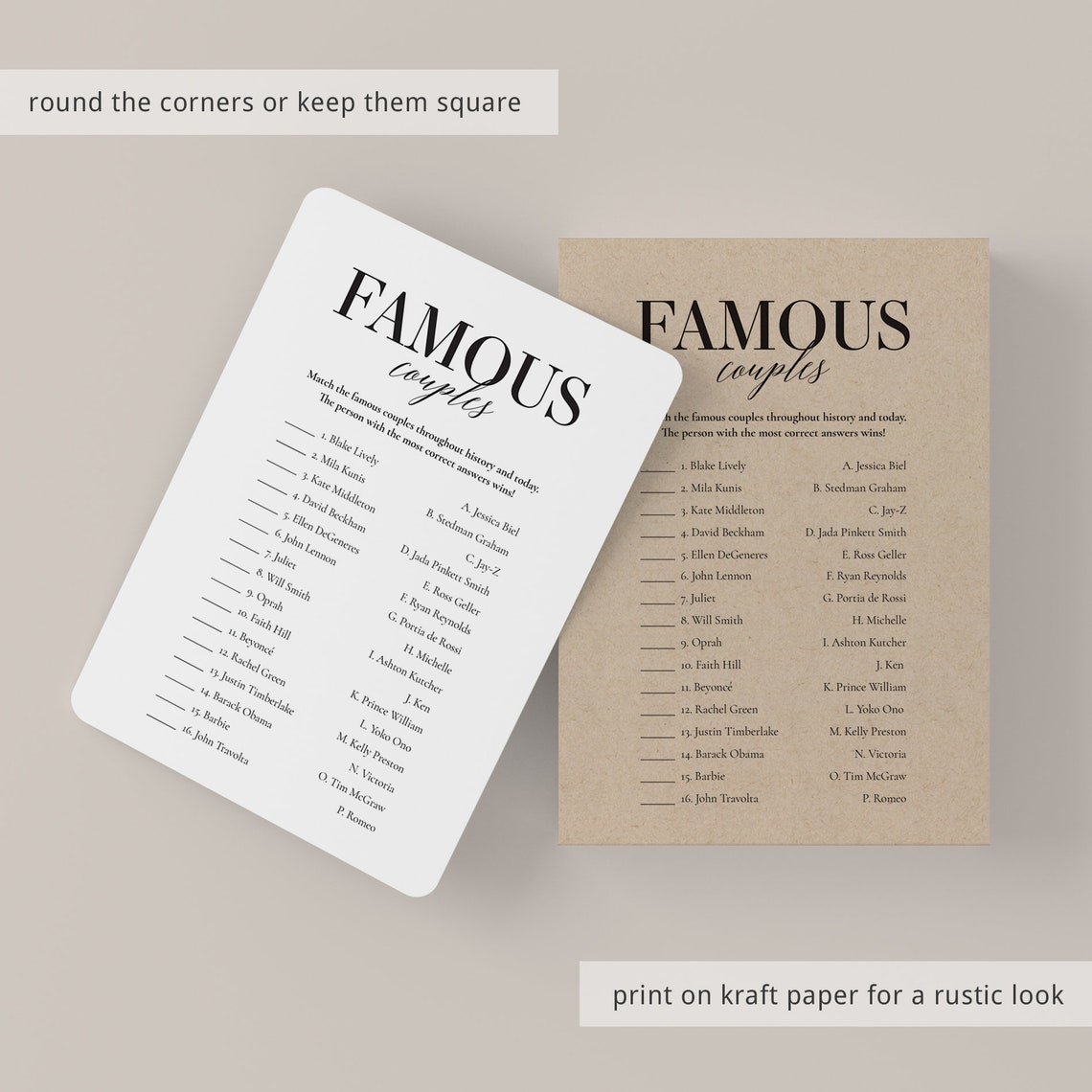 Famous Couples Game Printable Wedding Party Game Match the - Etsy