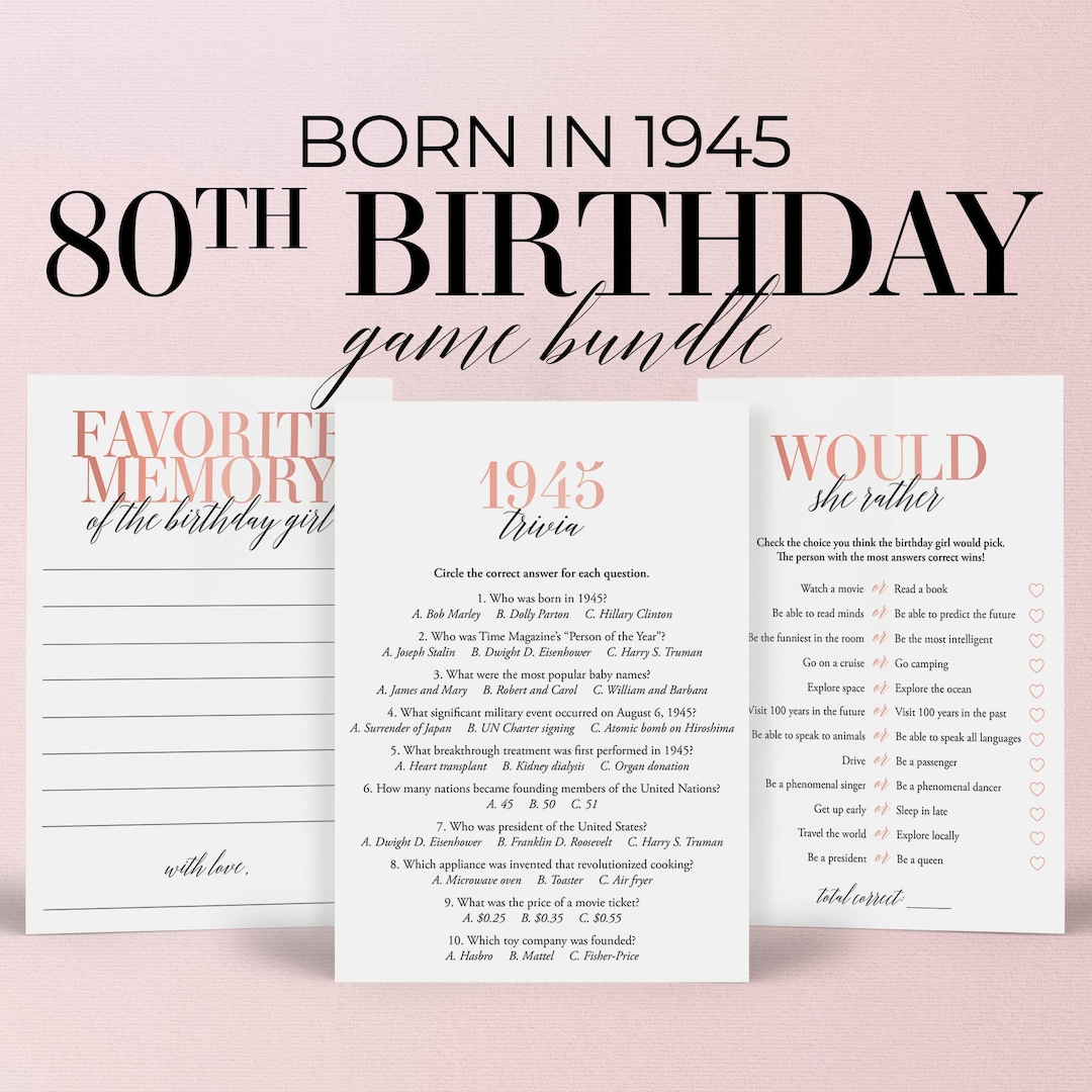 80th Birthday Games for Woman Born in 1945 Games Printable 80th Birthday Party 1945 Trivia ...