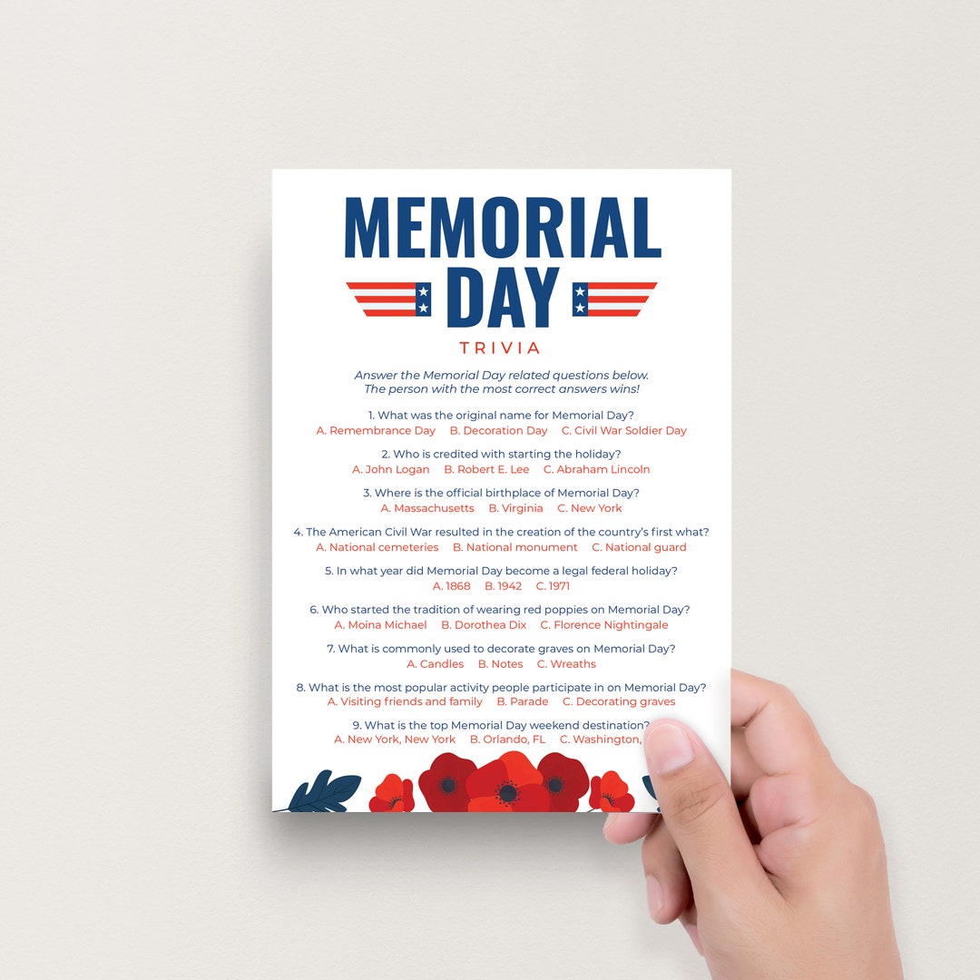 Memorial Day Trivia Printable Memorial Family Game Night - Etsy