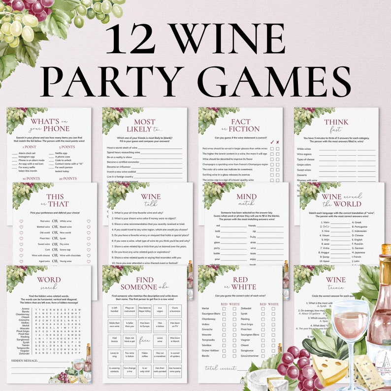 Wine Games Printable Wine Tasting Party Game Bundle Wine Party Games ...