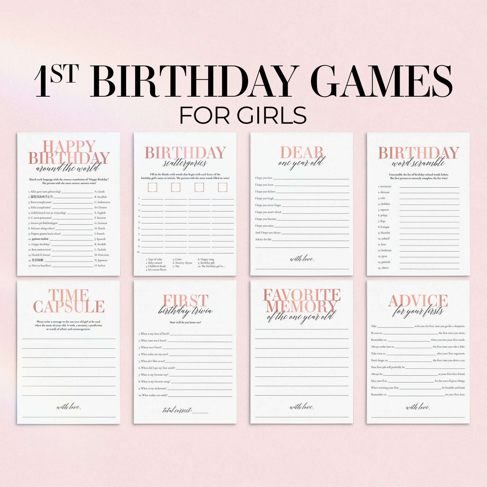 First Birthday Games Printable Girl 1st Birthday Party Games - Etsy