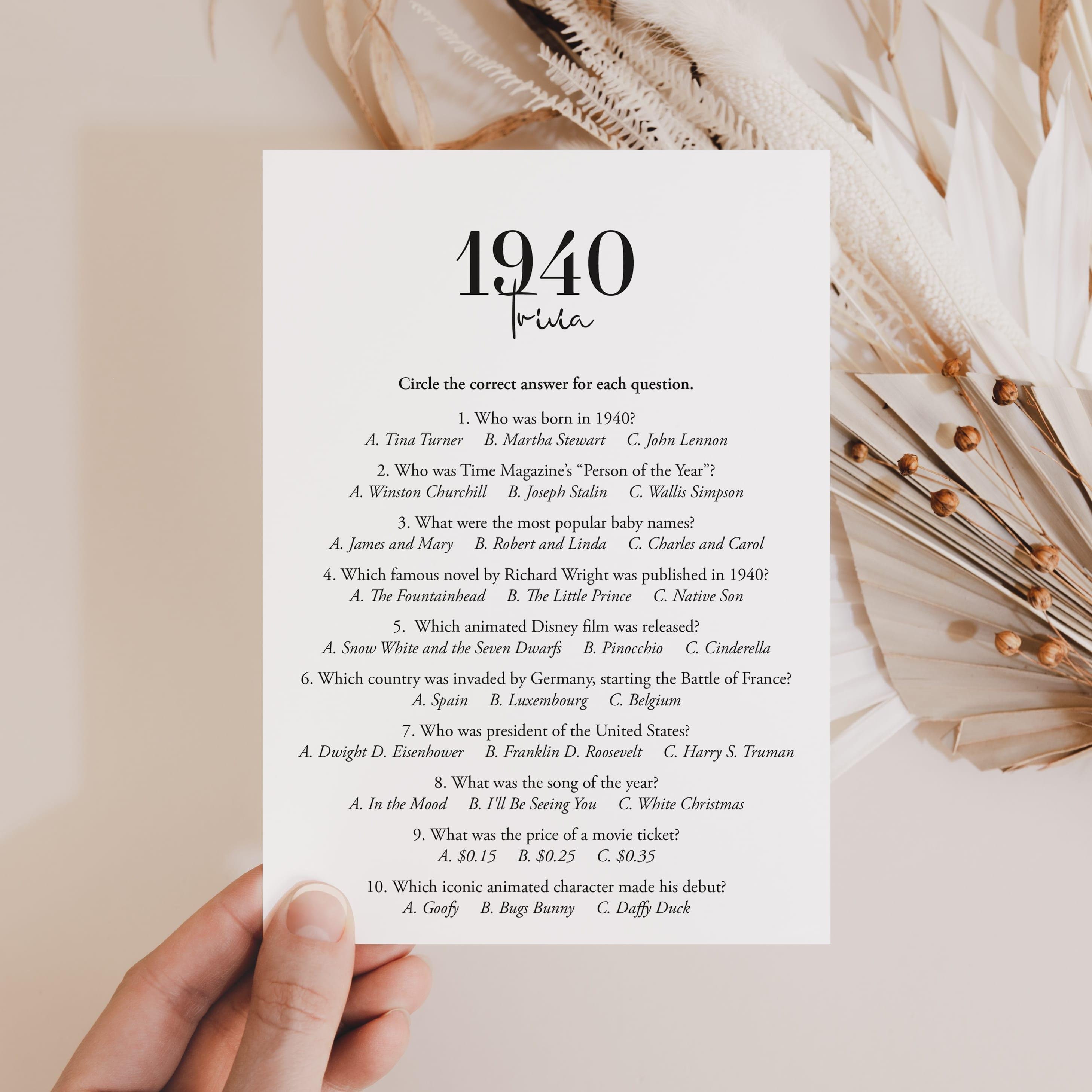 1940 Trivia Printable 85th Birthday Game Born in 1940 Quiz 85 Birthday ...