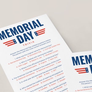 Memorial Day Trivia Printable Memorial Family Game Night Memorial Day ...