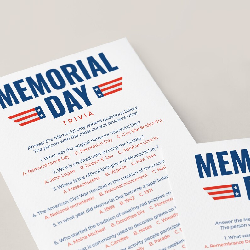 Memorial Day Trivia Printable Memorial Family Game Night - Etsy