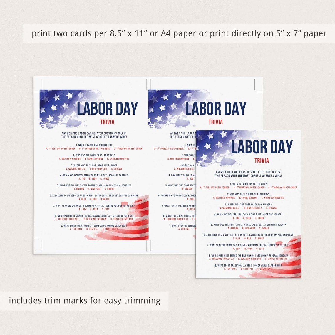 Labor Day Trivia Printable Labor Day Games USA Quiz Instant - Etsy