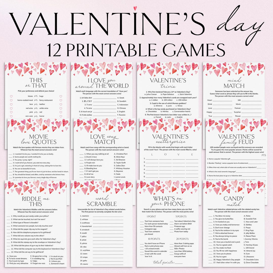 Simple Valentines Party Games Printable Pink Hearts Valentine's Day ...