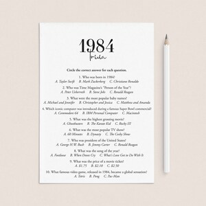 1984 Trivia Printable 80s Quiz 41st Birthday Party Game Born in 1984 ...