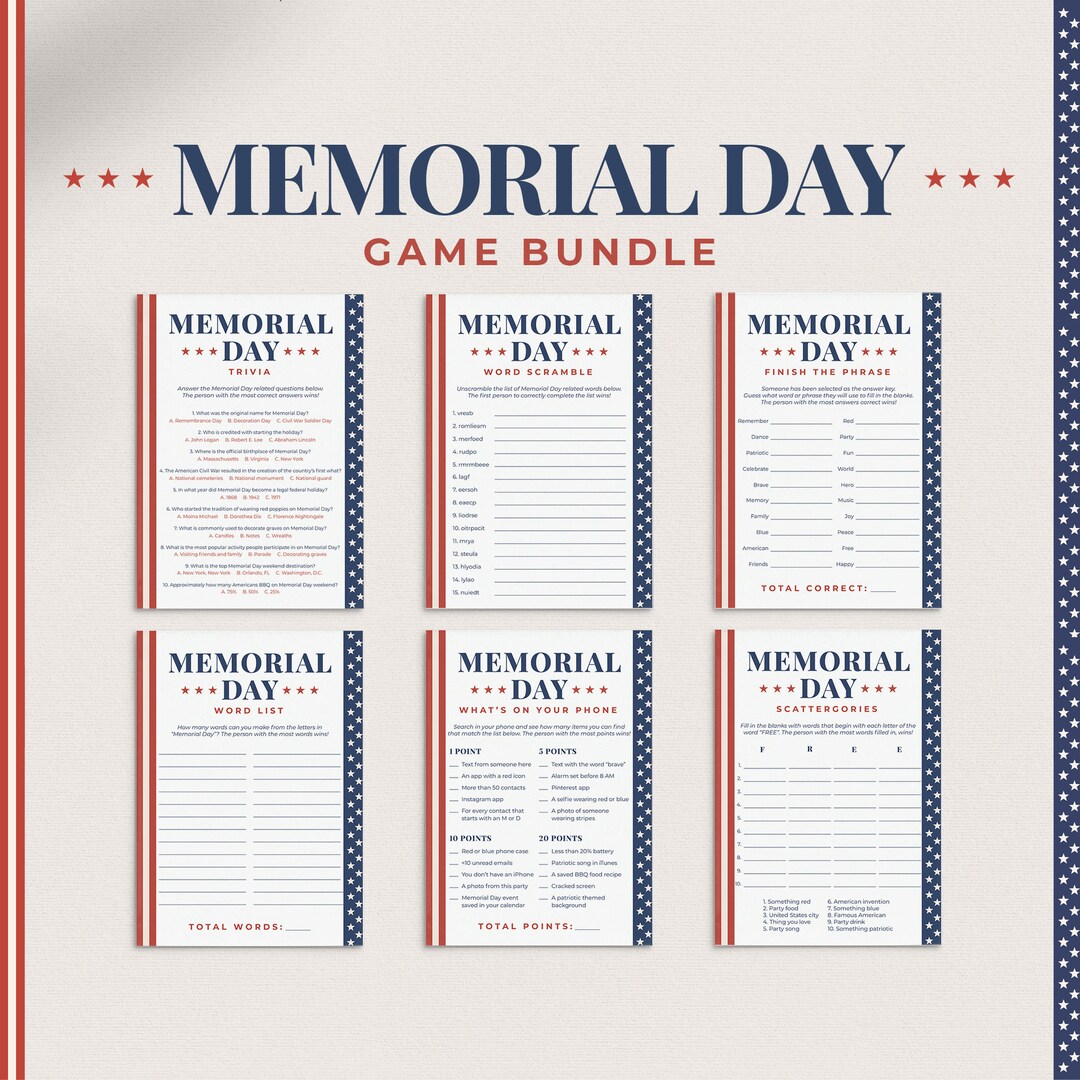 Printable Memorial Day Games for Kids and Adults Patriotic - Etsy