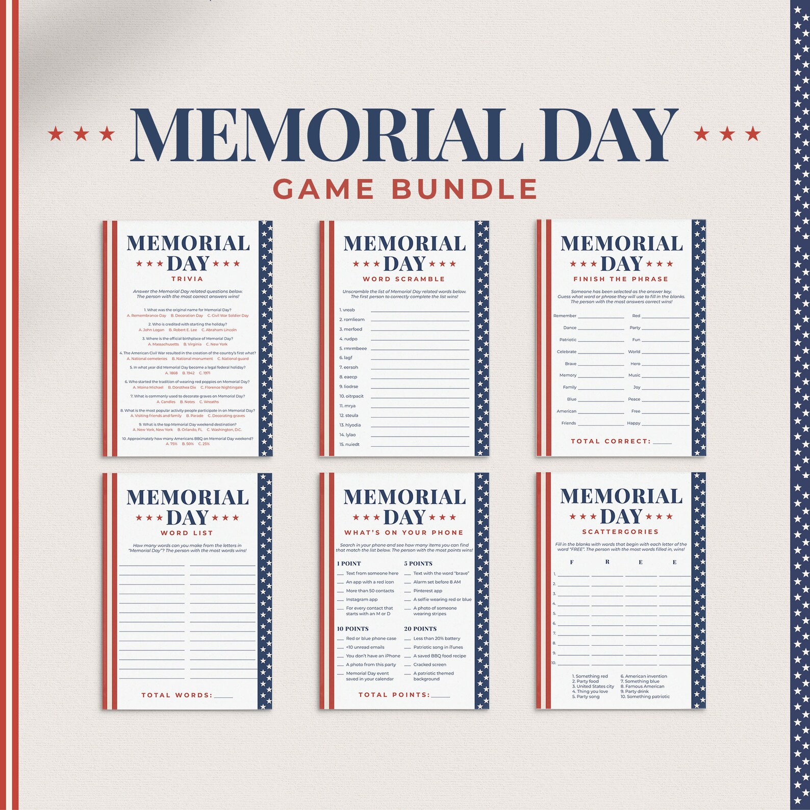 Printable Memorial Day Games for Kids and Adults Patriotic - Etsy