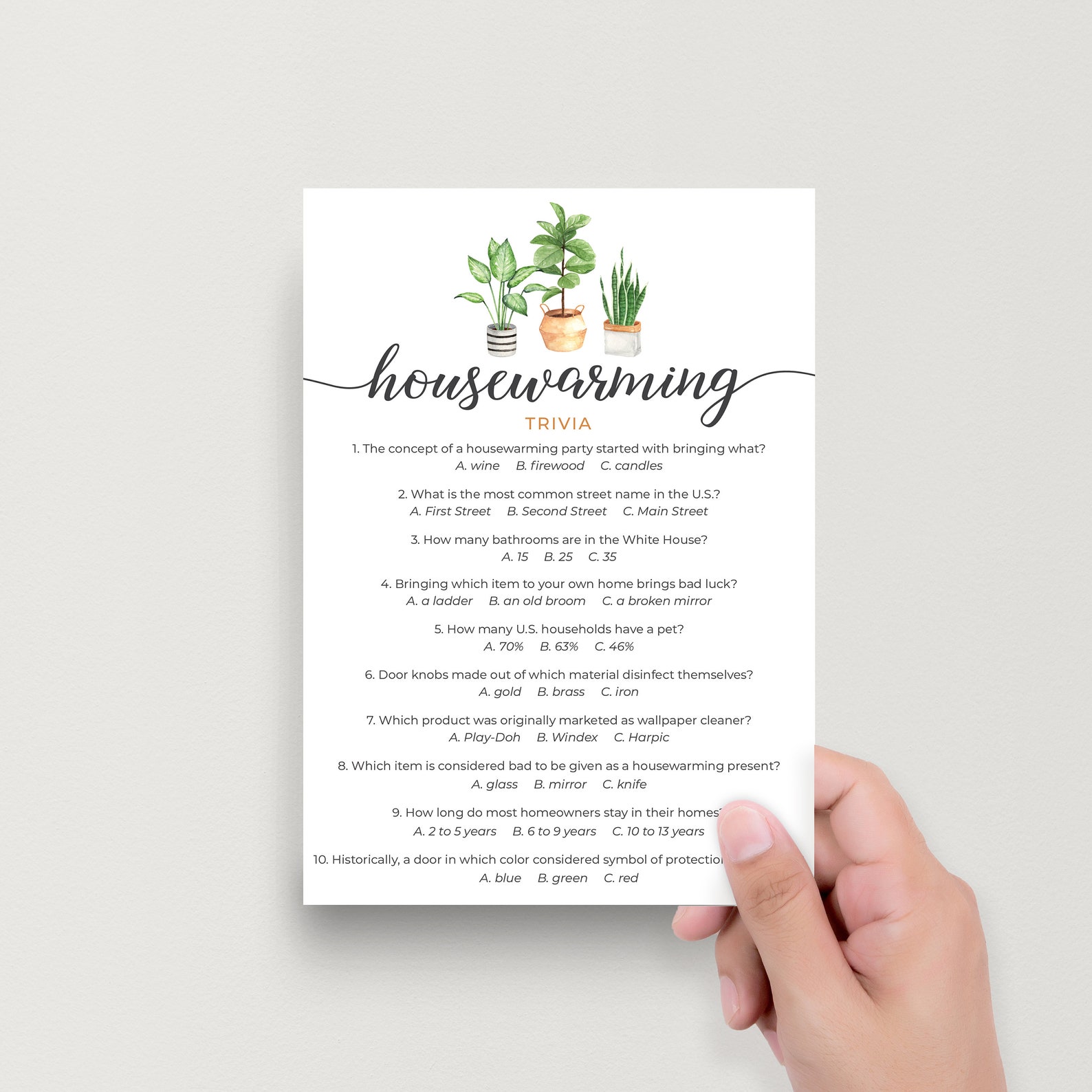 Housewarming Party Trivia Game Printable Housewarming Quiz Watercolor ...