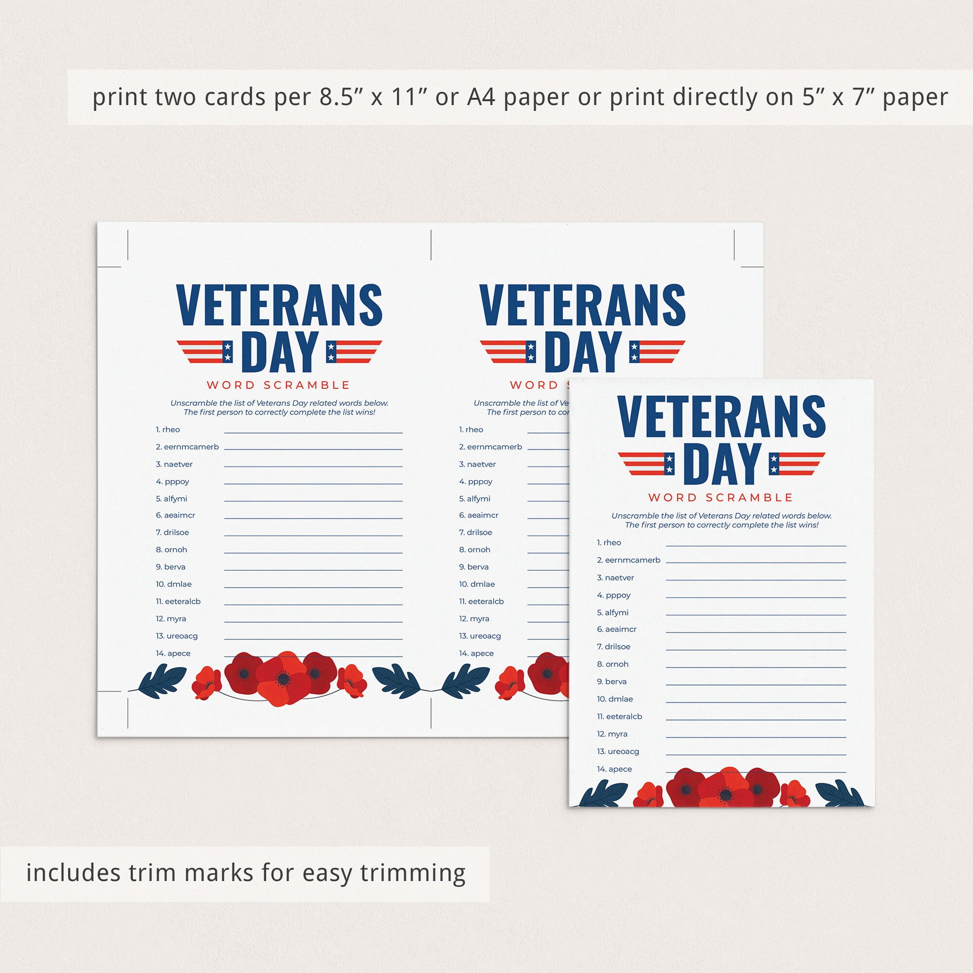Veterans Day Games Bundle Printable Veterans Day Cards Digital Download ...