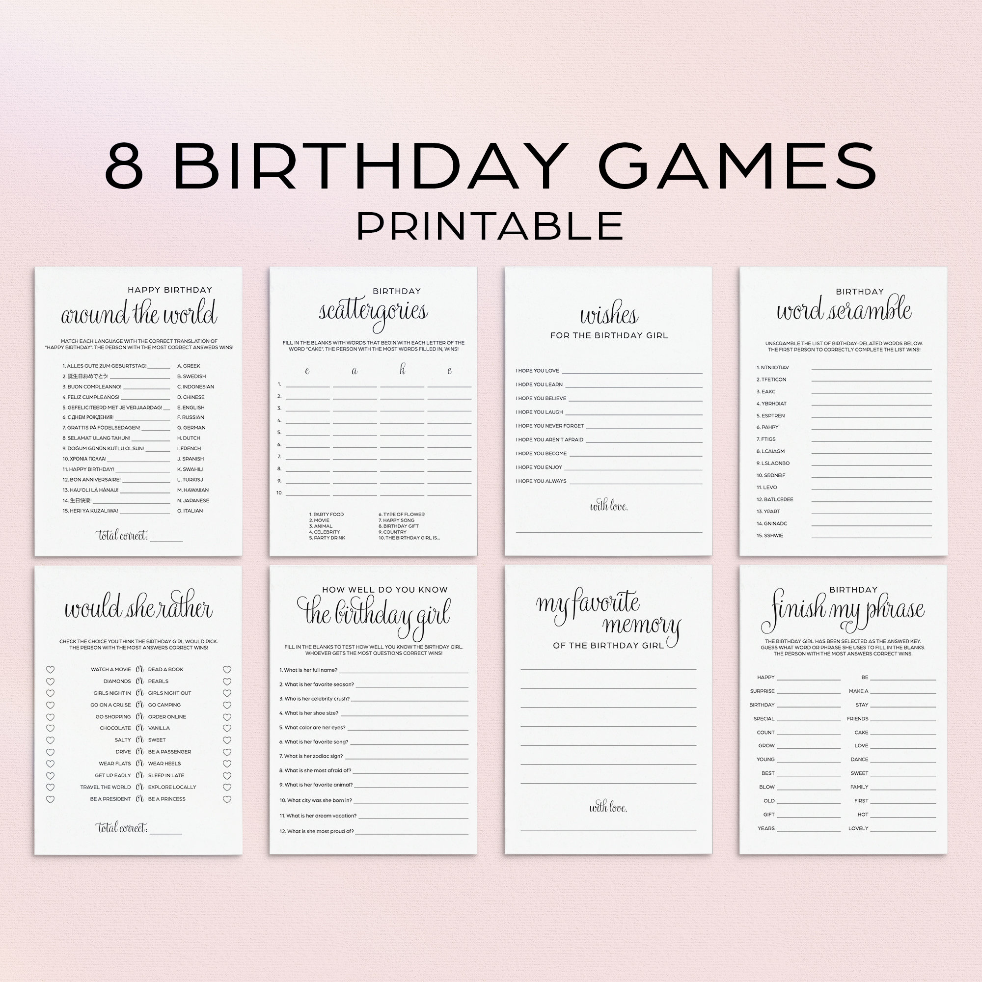 8 Birthday Party Games Bundle Printable Birthday Games for - Etsy