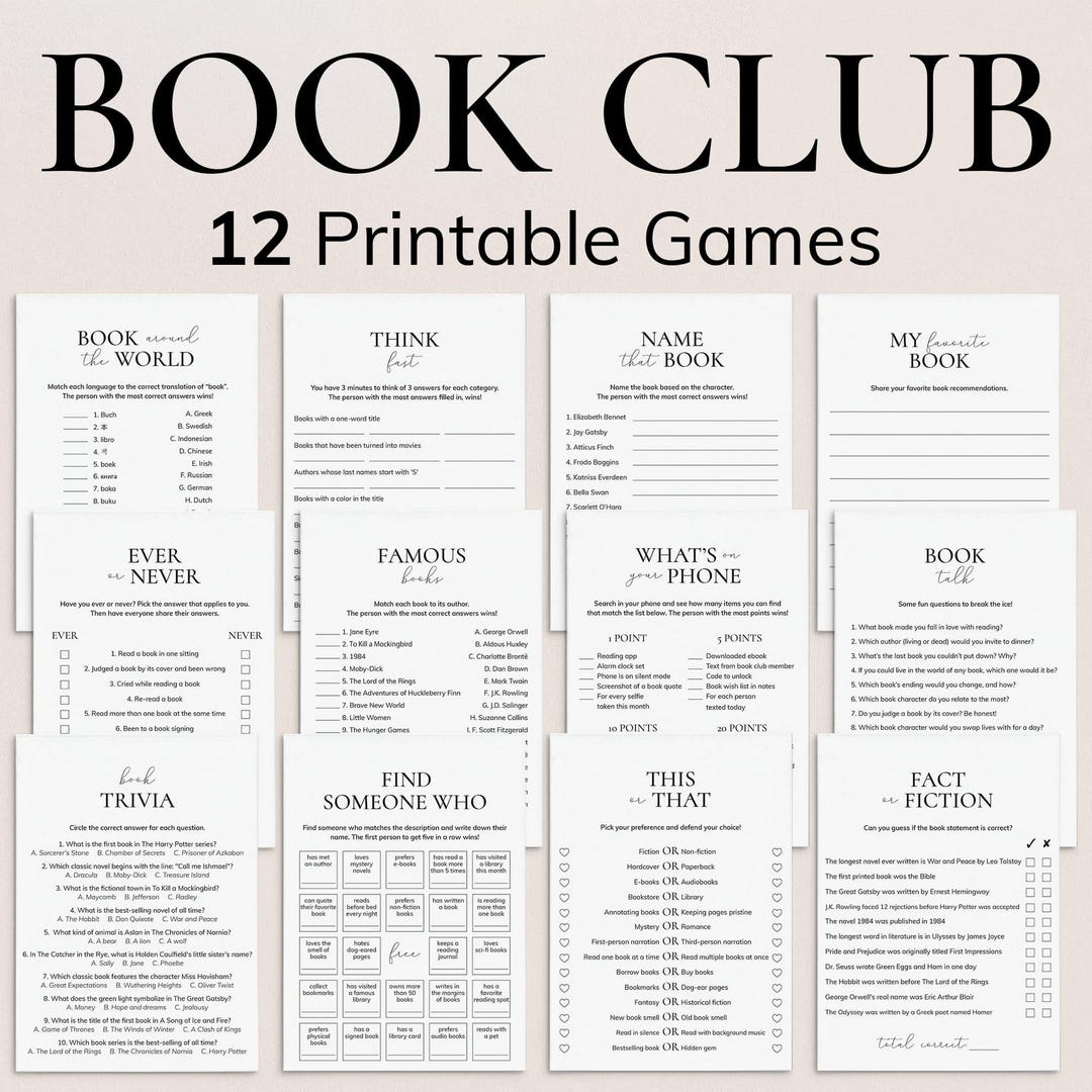 Book Club Games Bundle Printable Book Party Games Book Club Icebreakers ...