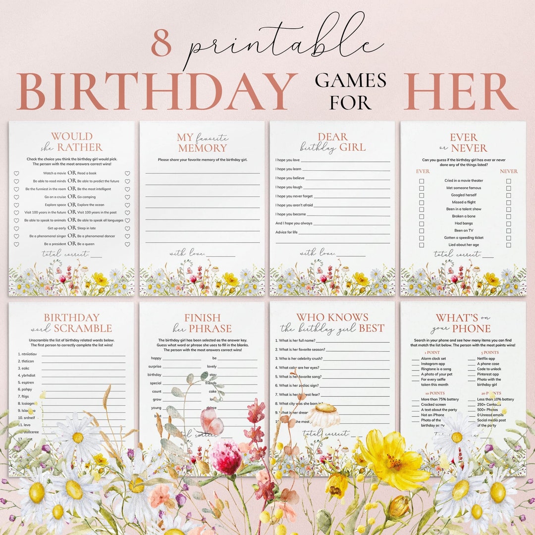 Wildflower Birthday Games for Her Adult Birthday Party Games Printable ...