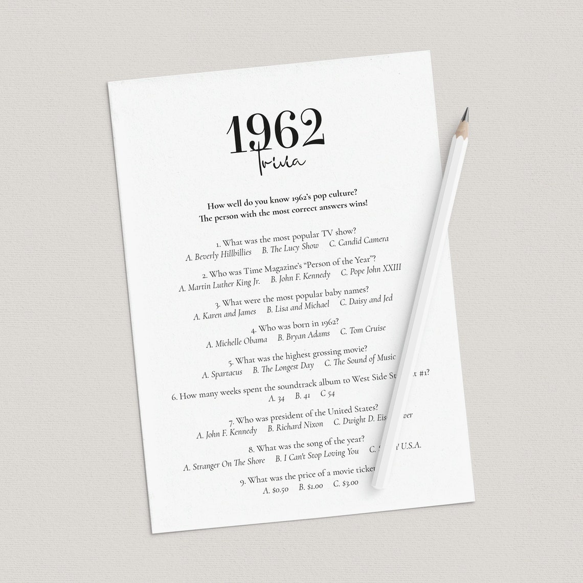 1962 Trivia Printable 60s Quiz 60th Birthday Party Game Back Etsy Uk