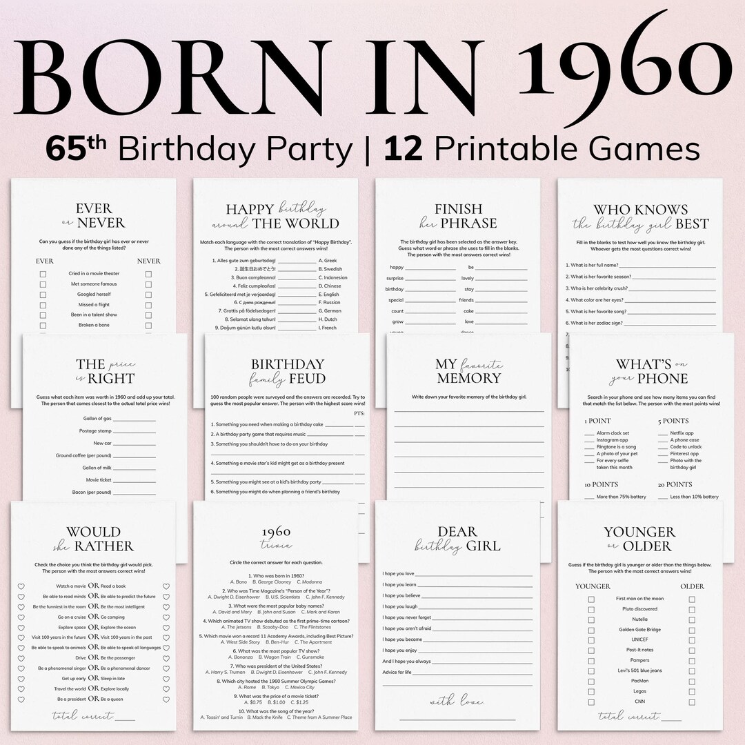 65th Birthday Games Bundle for Her Born in 1960 65th Birthday Party ...