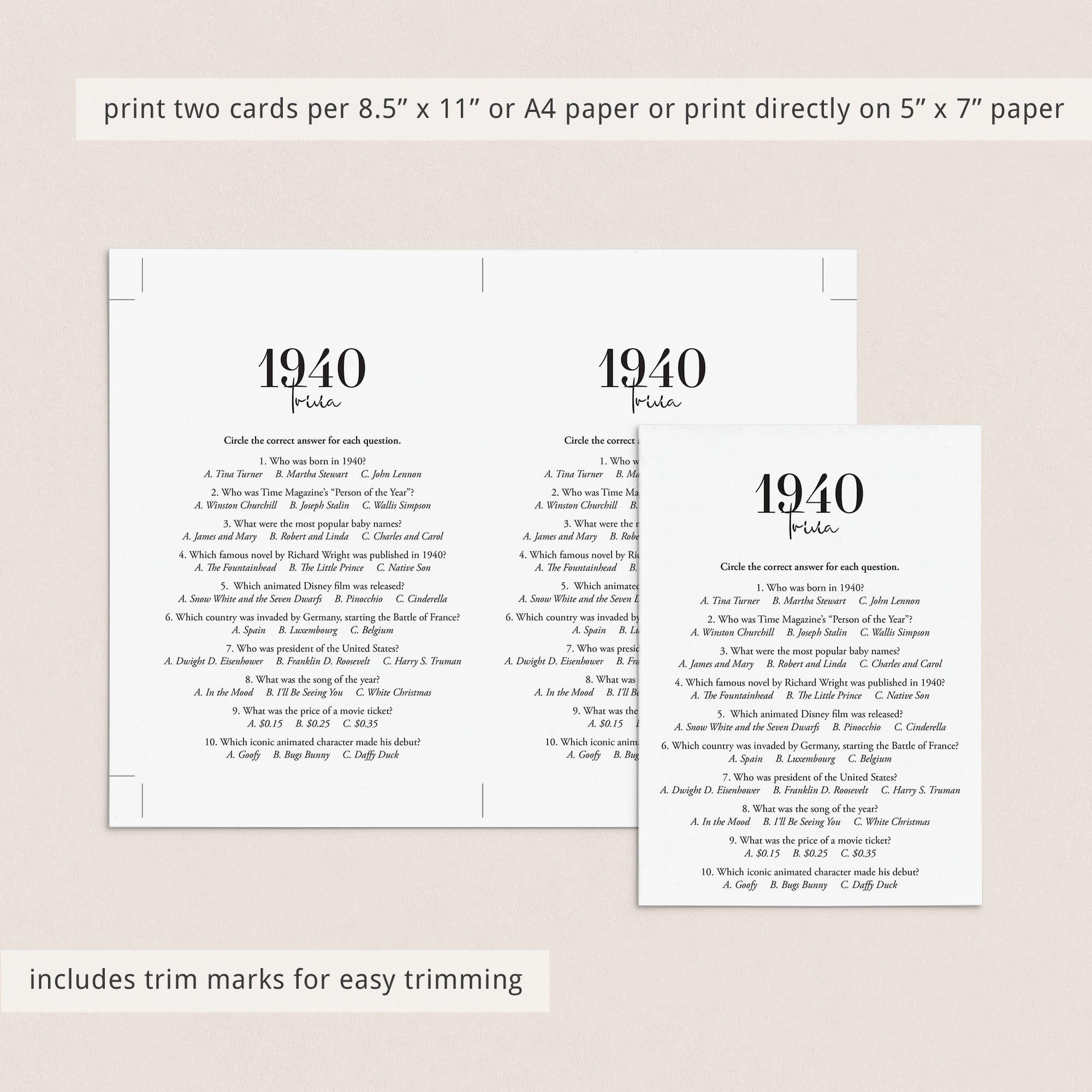 1940 Trivia Printable 85th Birthday Game Born in 1940 Quiz 85 Birthday ...