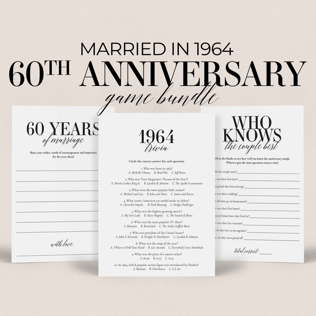 60th Anniversary Party Games Married in 1964 Trivia Printable 60th ...