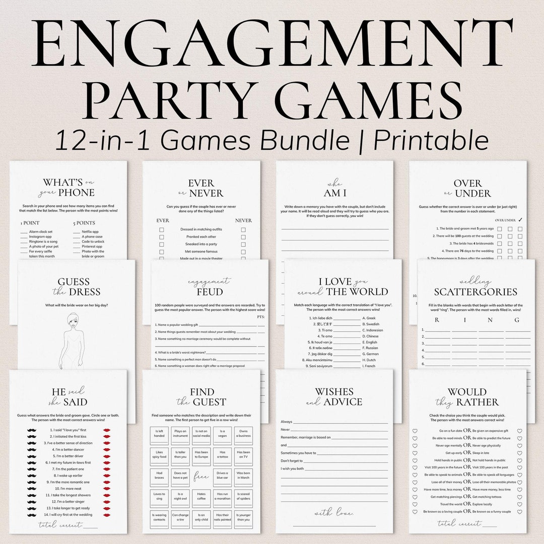 Engagement Party Games Bundle Printable Engagement Games Proposal Party ...