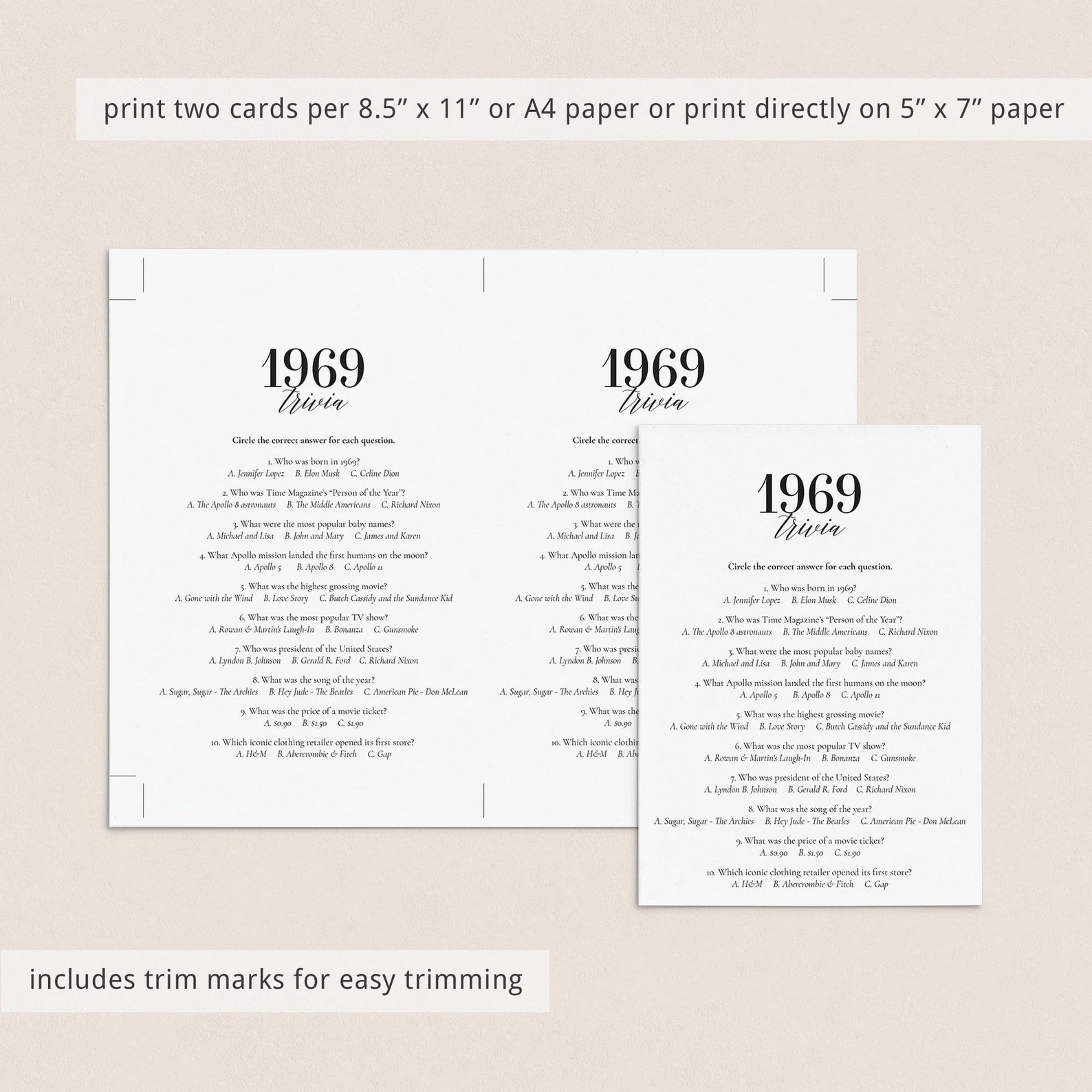 1969 Trivia Printable 60s Quiz 55th Birthday Party Game Back to the 60s ...