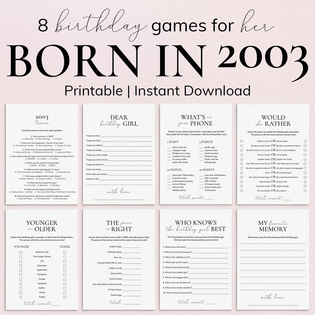 2003 Birthday Games for Her Printable, Happy 23rd Birthday Party Game ...