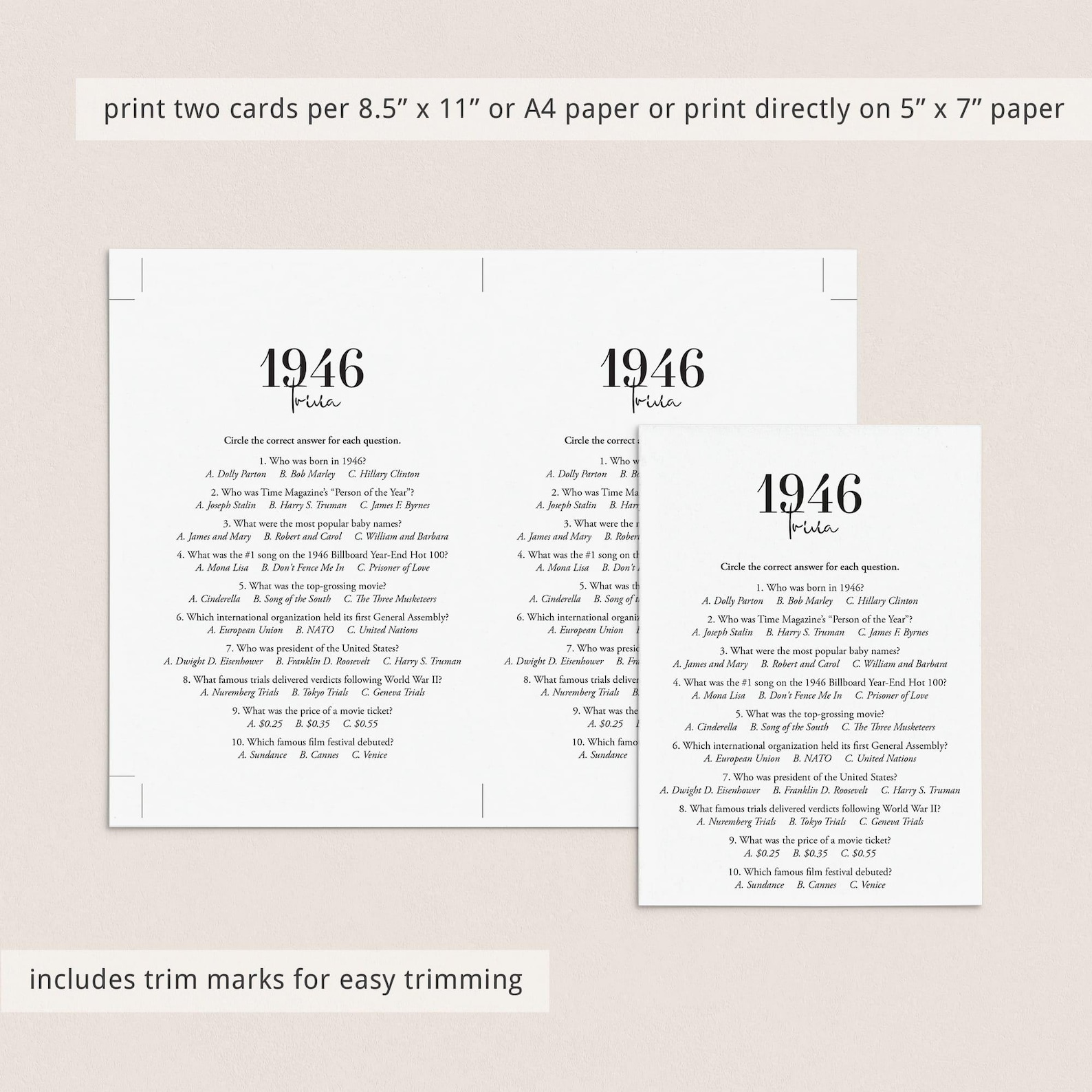 1946 Trivia Printable 80th Birthday Game Born in 1946 Quiz 80 Birthday ...