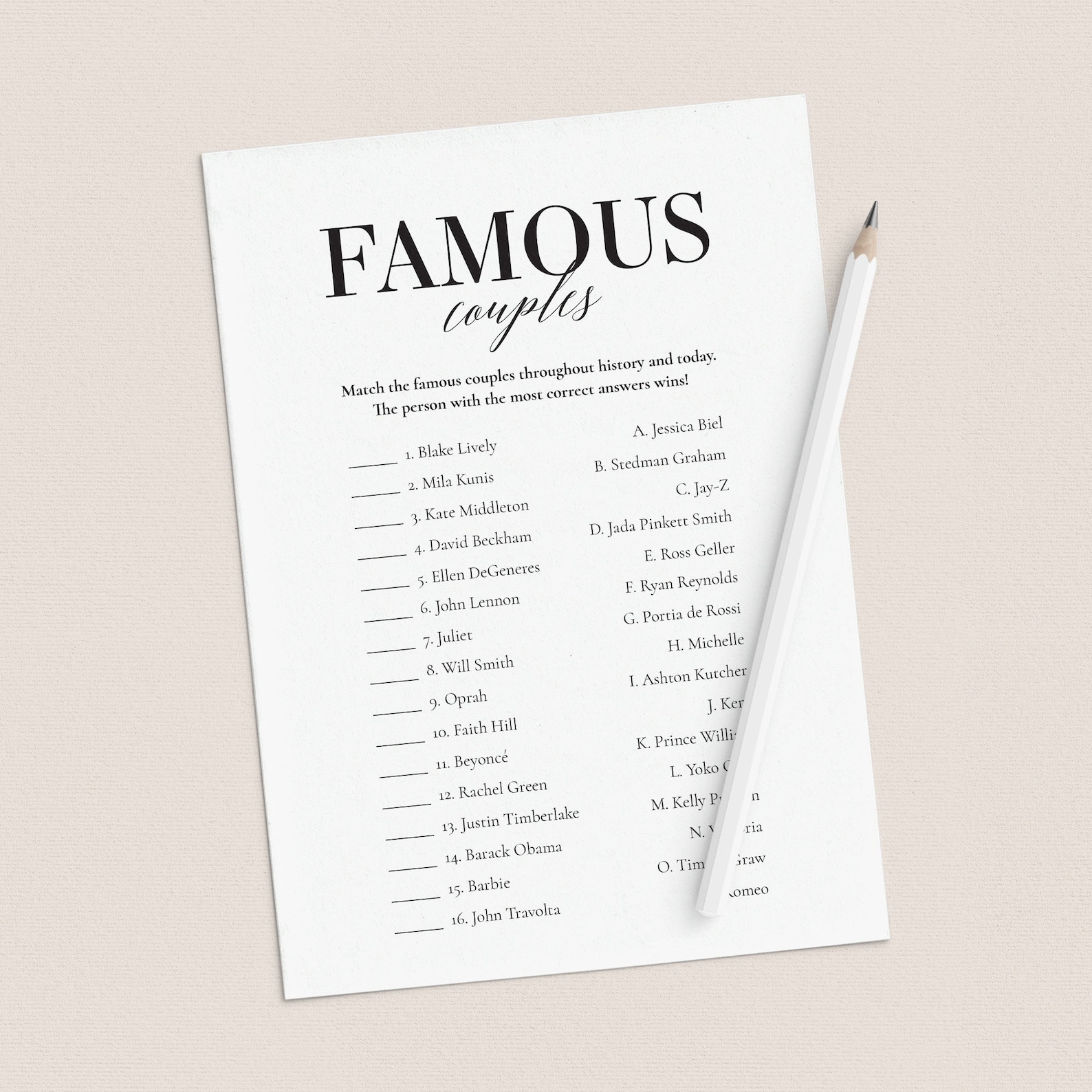 Famous Couples Game Printable Wedding Party Game Match the - Etsy