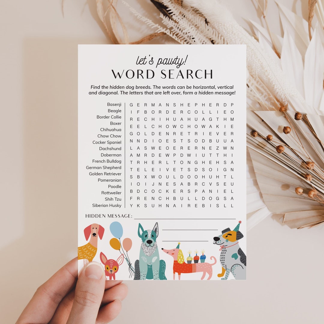 Dog Breed Word Search Printable Fun Dog Party Games Dog Word Find Dog Puzzle Printable Dog Game ...